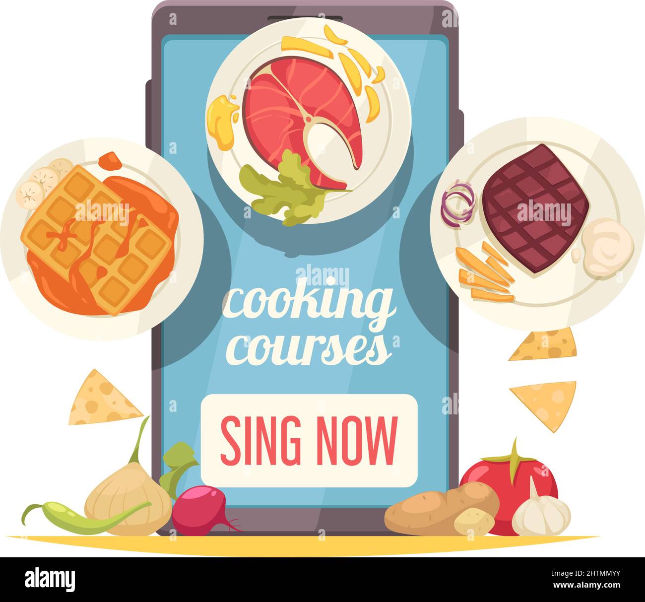 Cooking school colored concept with tablet and plates with served ...