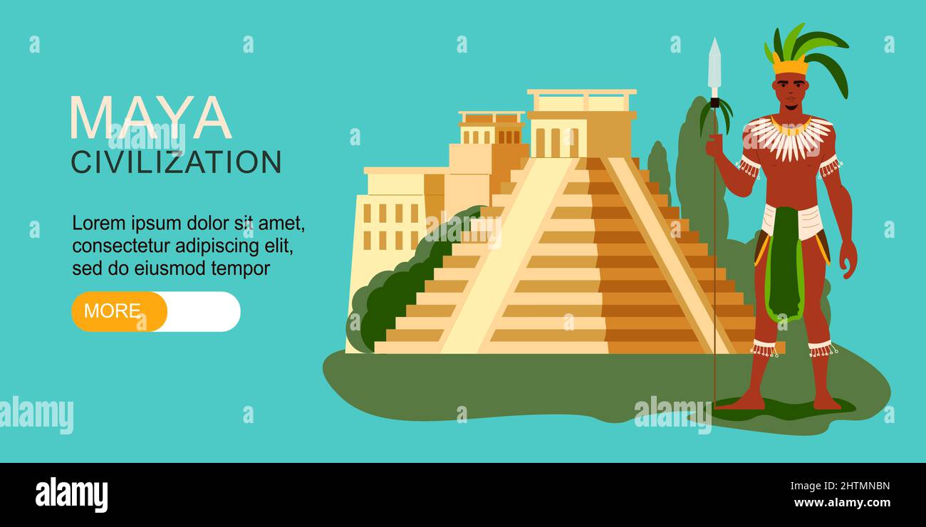 Maya civilization horizontal banner with ancient mayan pyramid warrior ...