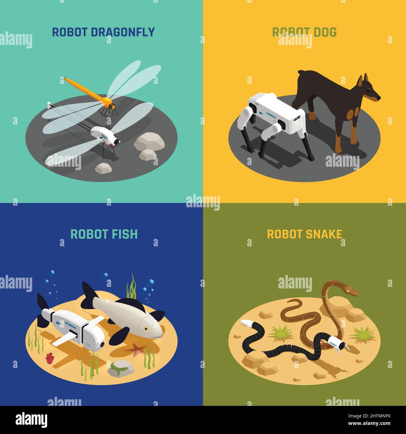 Bio robots concept 4 isometric background circular compositions set ...