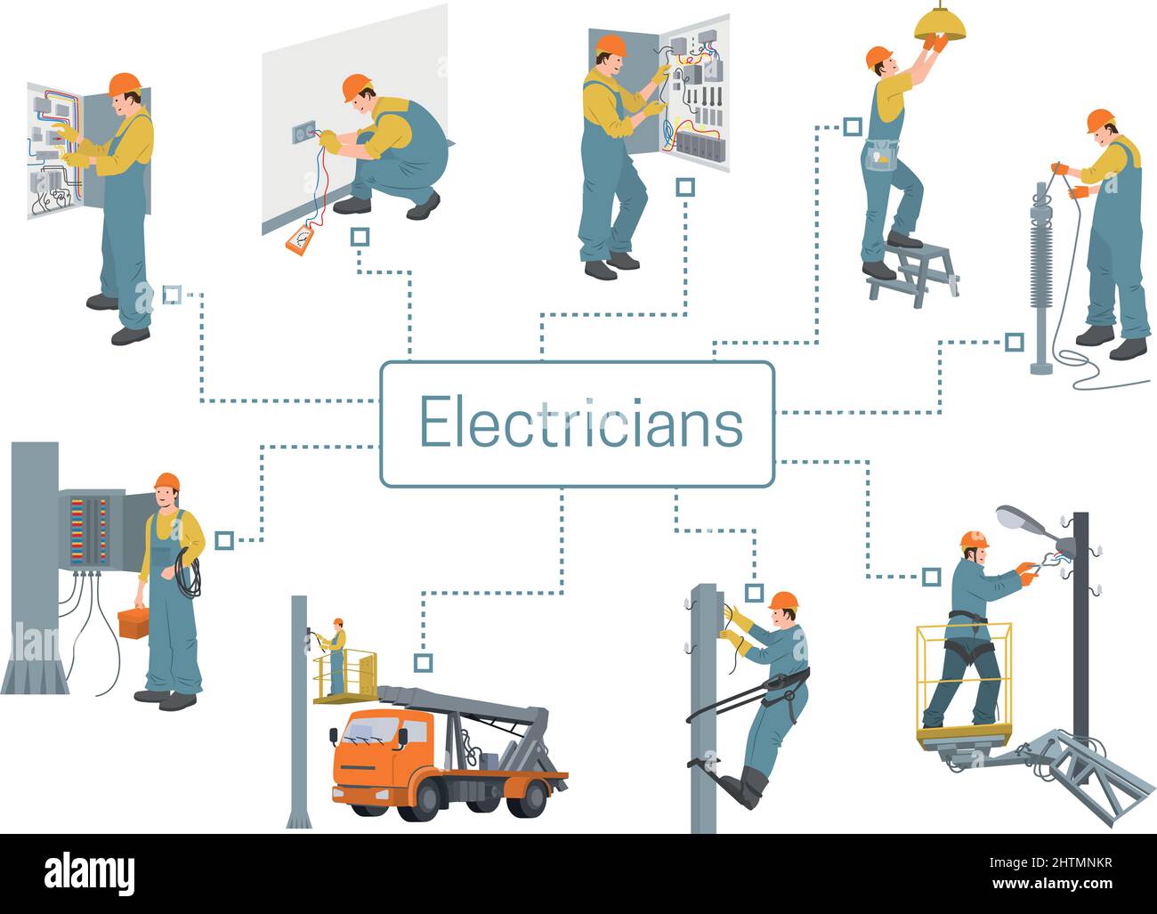 Electricians infographics layout demonstrated technicians working with ...