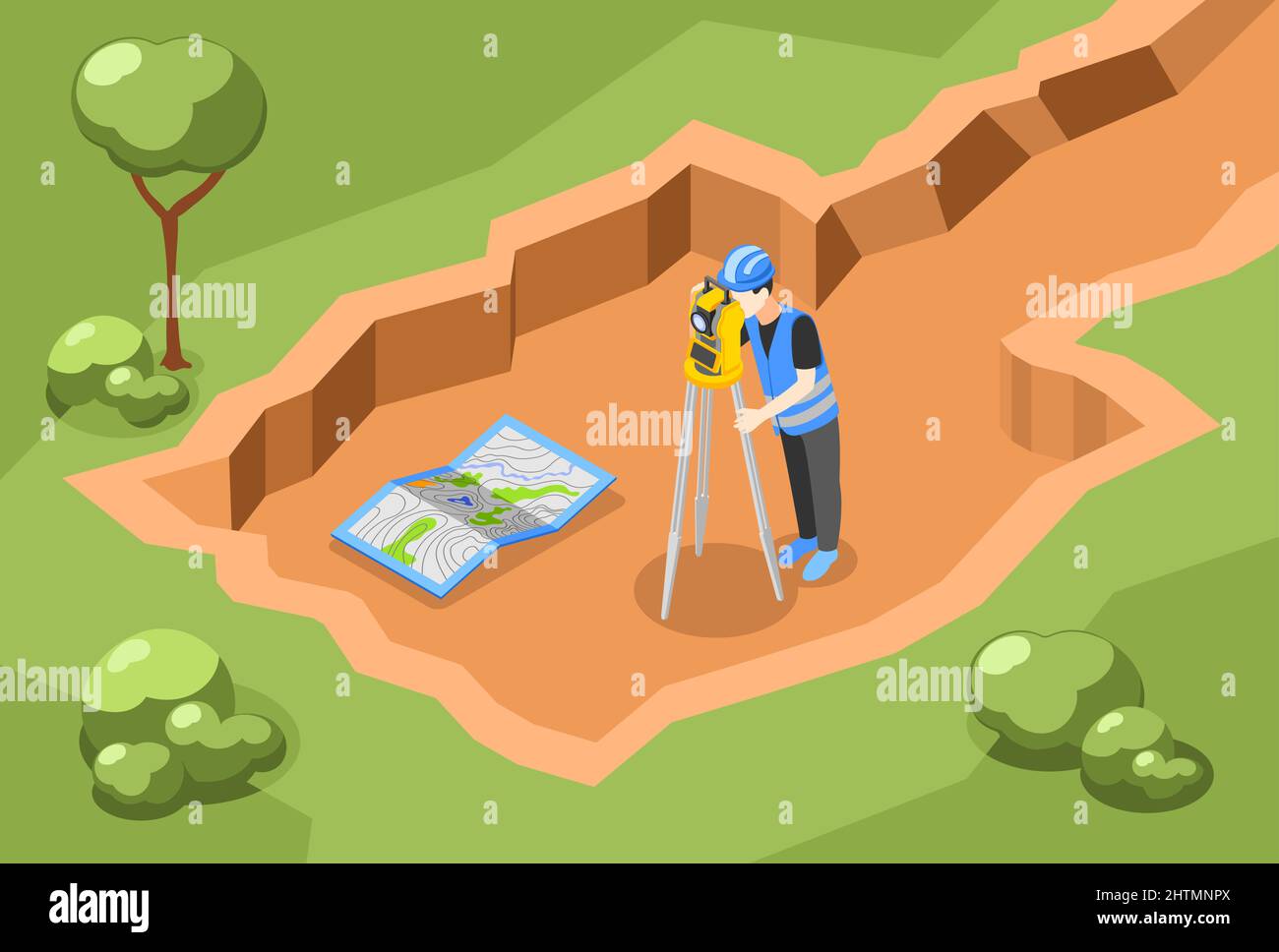 Geodesy isometric background with outdoor scenery and human character ...