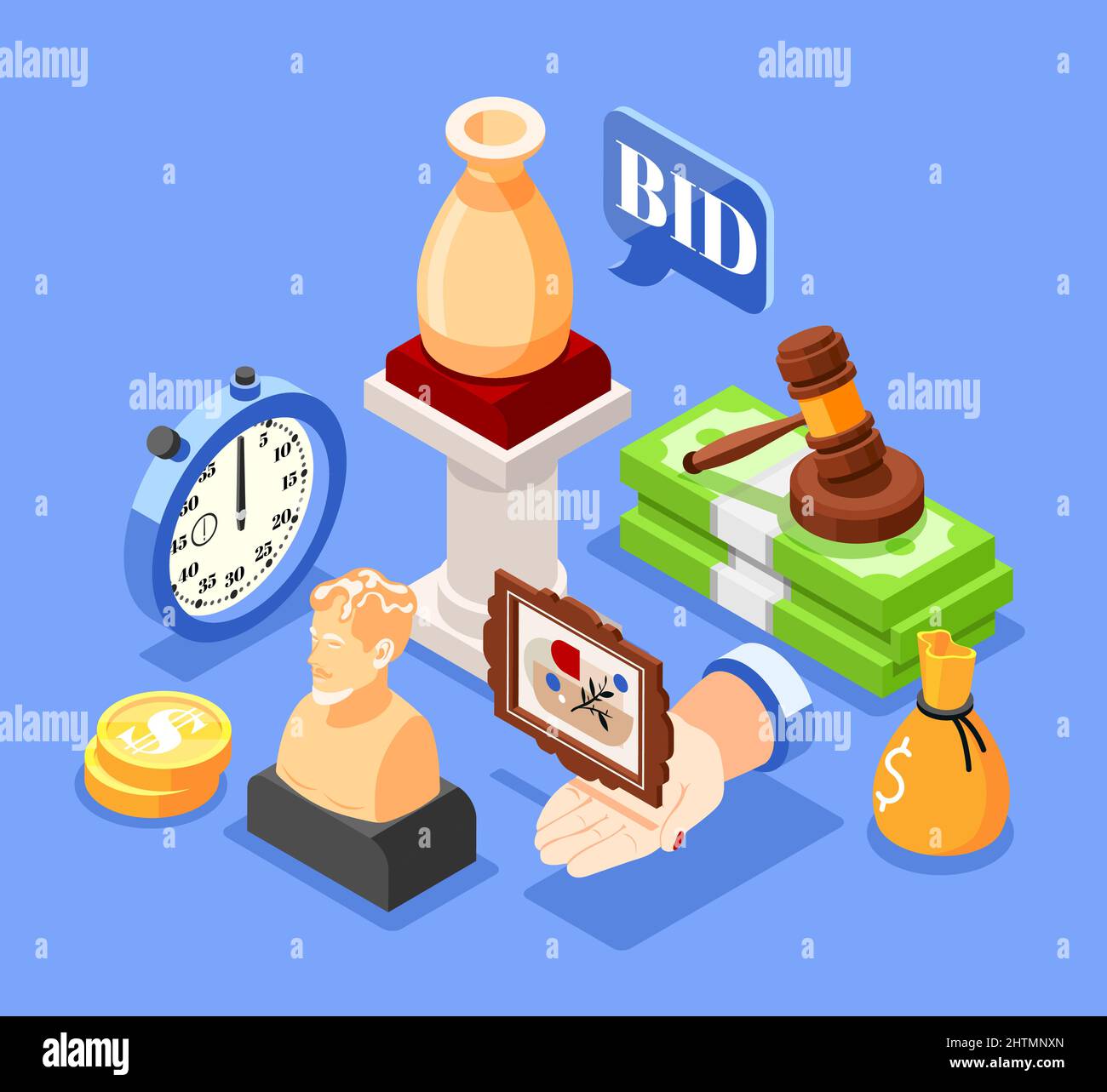Auction isometric background with composition of valuable articles ...