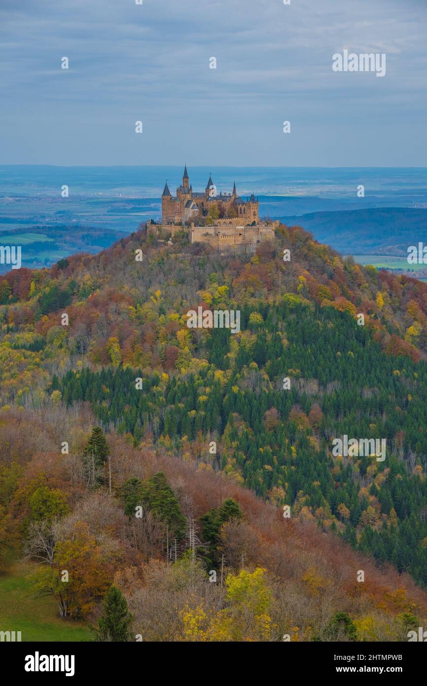 Vertical shot of the historic Hohenzollern castle on a hill in Bisingen ...