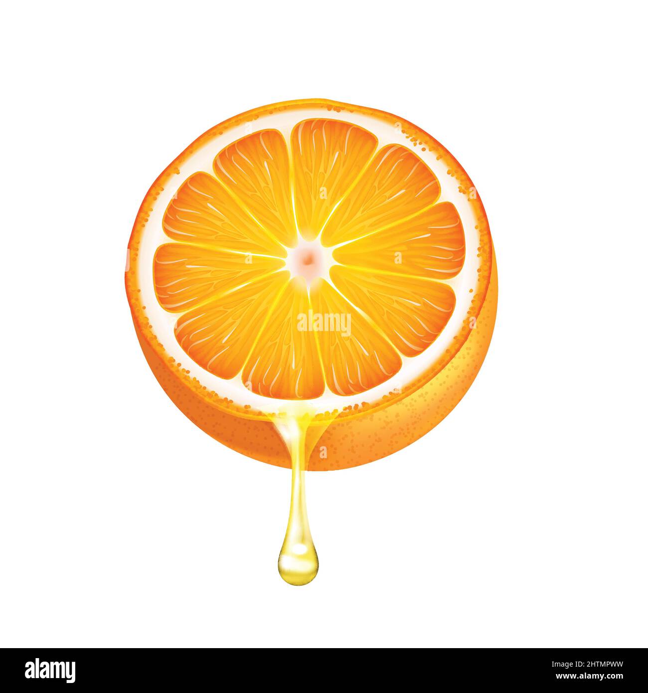 Drop of juice dripping from orange half on white background realistic ...