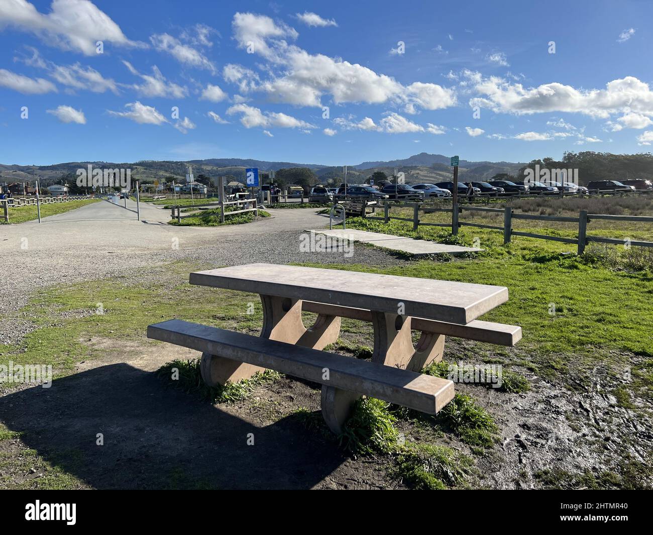 Picnic tables at Poplar Beach near the Half Moon Bay Coastal trail, a ...