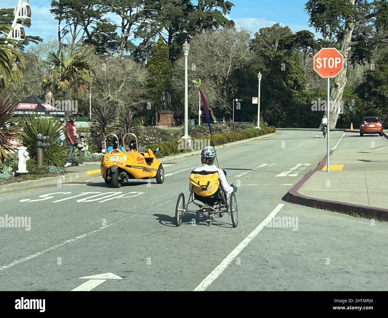 A recombinant bicycle and GoCar tourist vehicle are visible in Golden ...