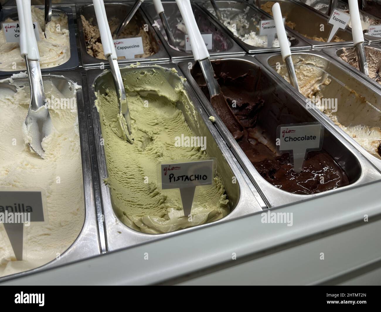 Gelato serving trays with various flavors at Gio Gelati restaurant in ...