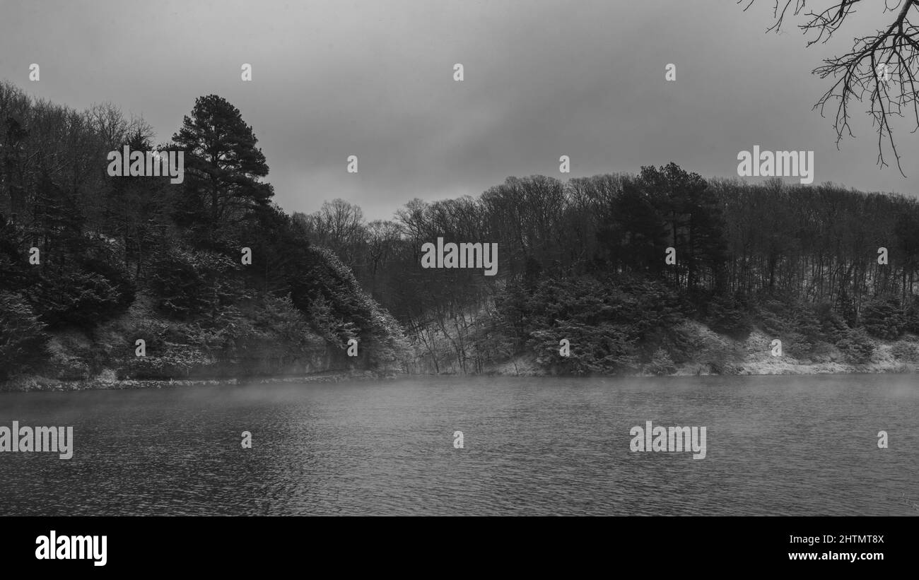 Grayscale of a mountain forest and a river Stock Photo - Alamy