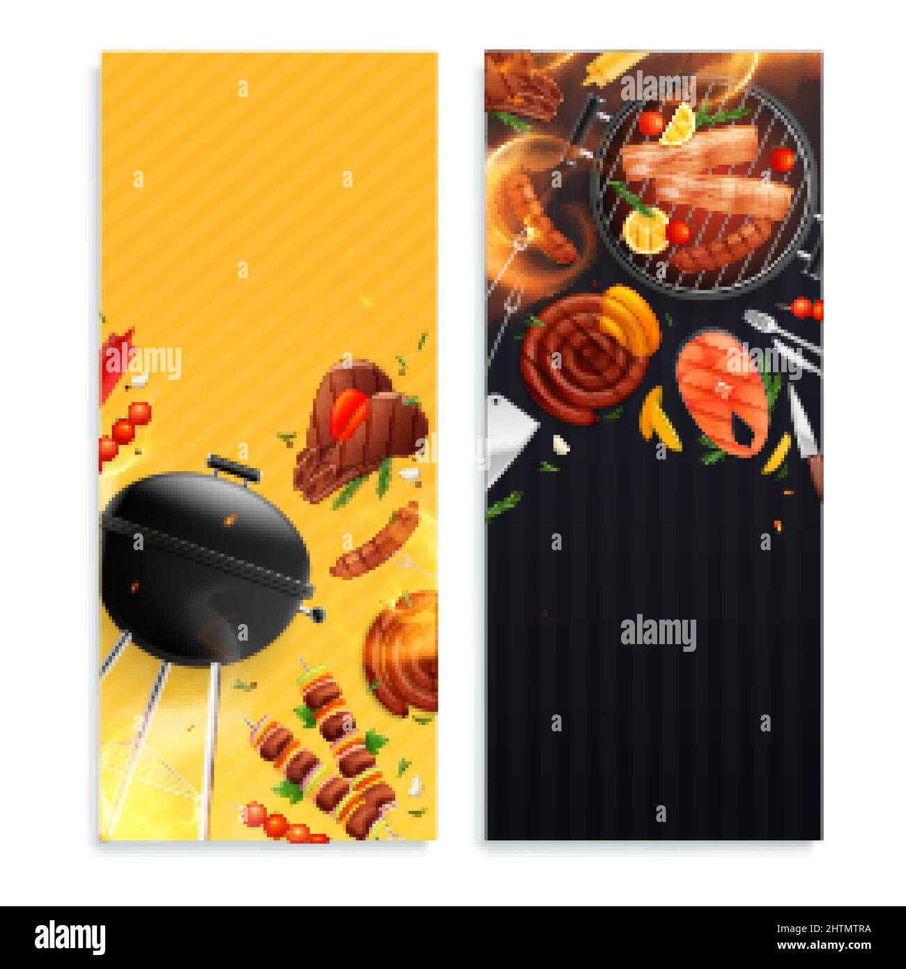 Set of two bbq grill party vertical banners with images of outdoor ...