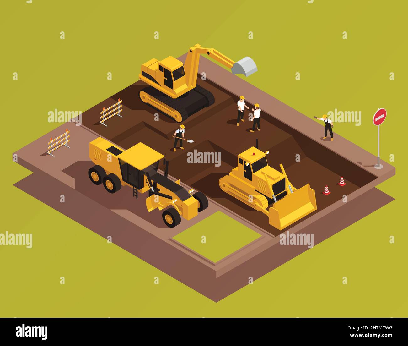 Road construction isometric composition with view of area with digging ...