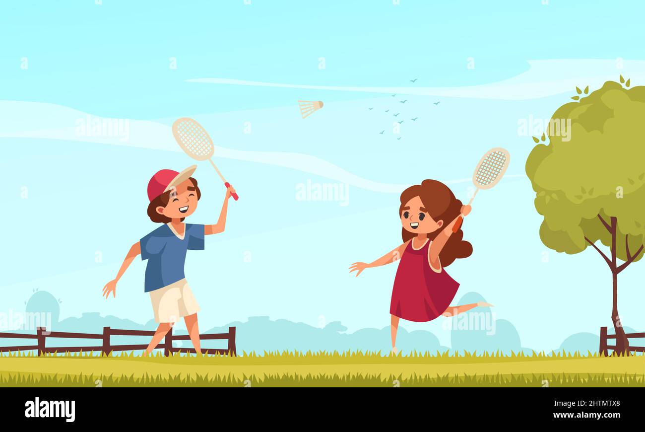 Happy children playing badminton on green lawn in countryside cartoon ...