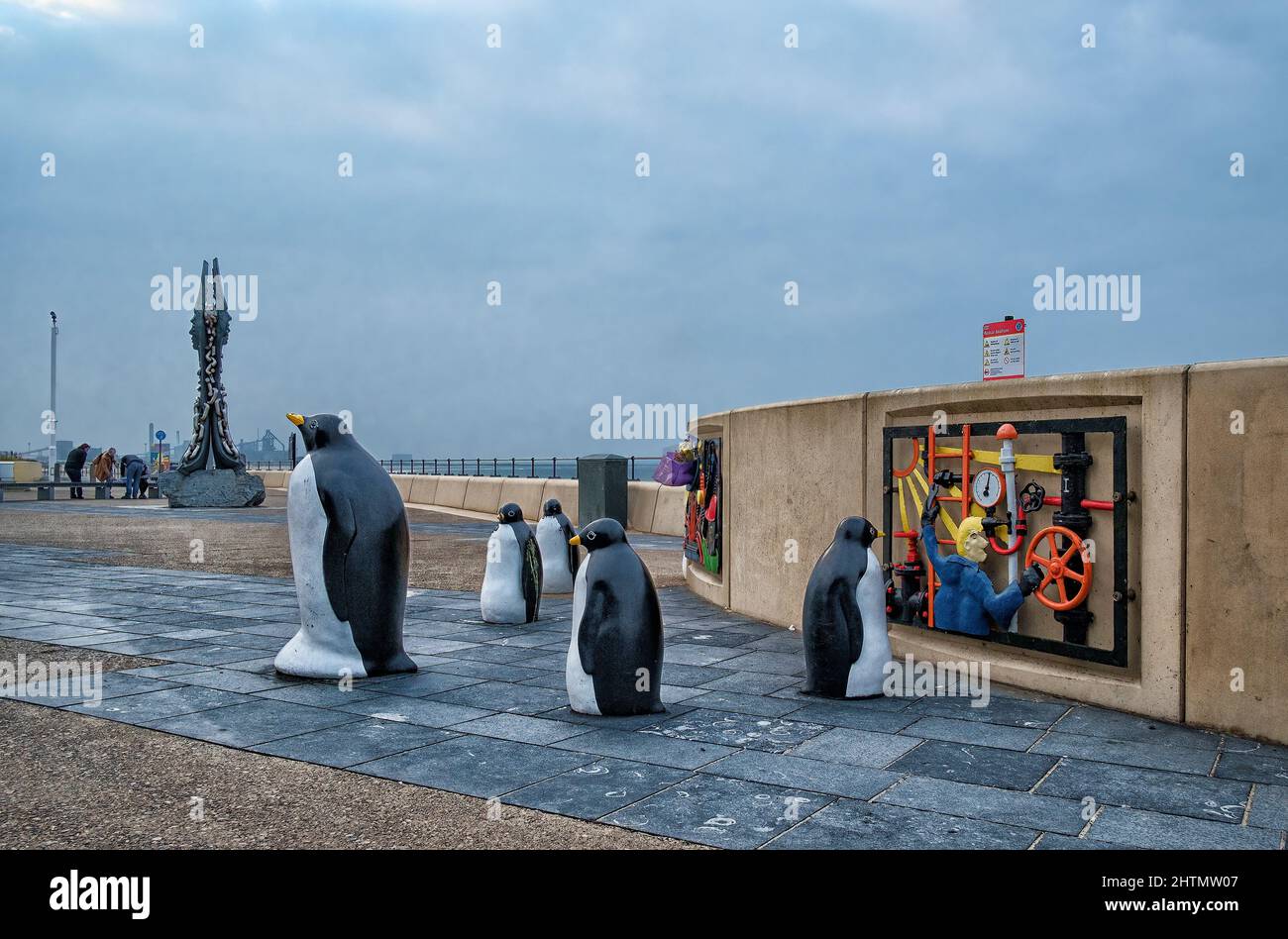A group of painted concrete Penguins on the Seafront at redcar, North ...