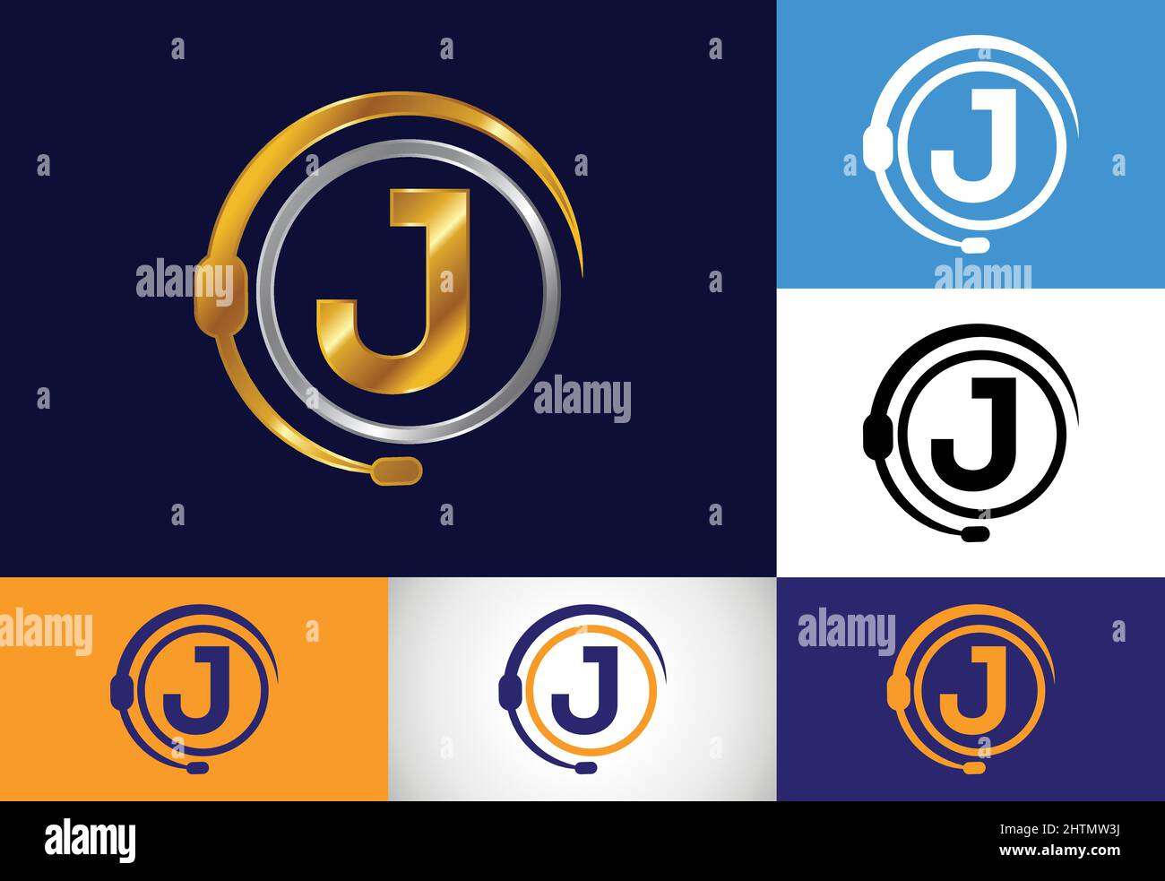 Initial J monogram letter alphabet and support service with headphones ...