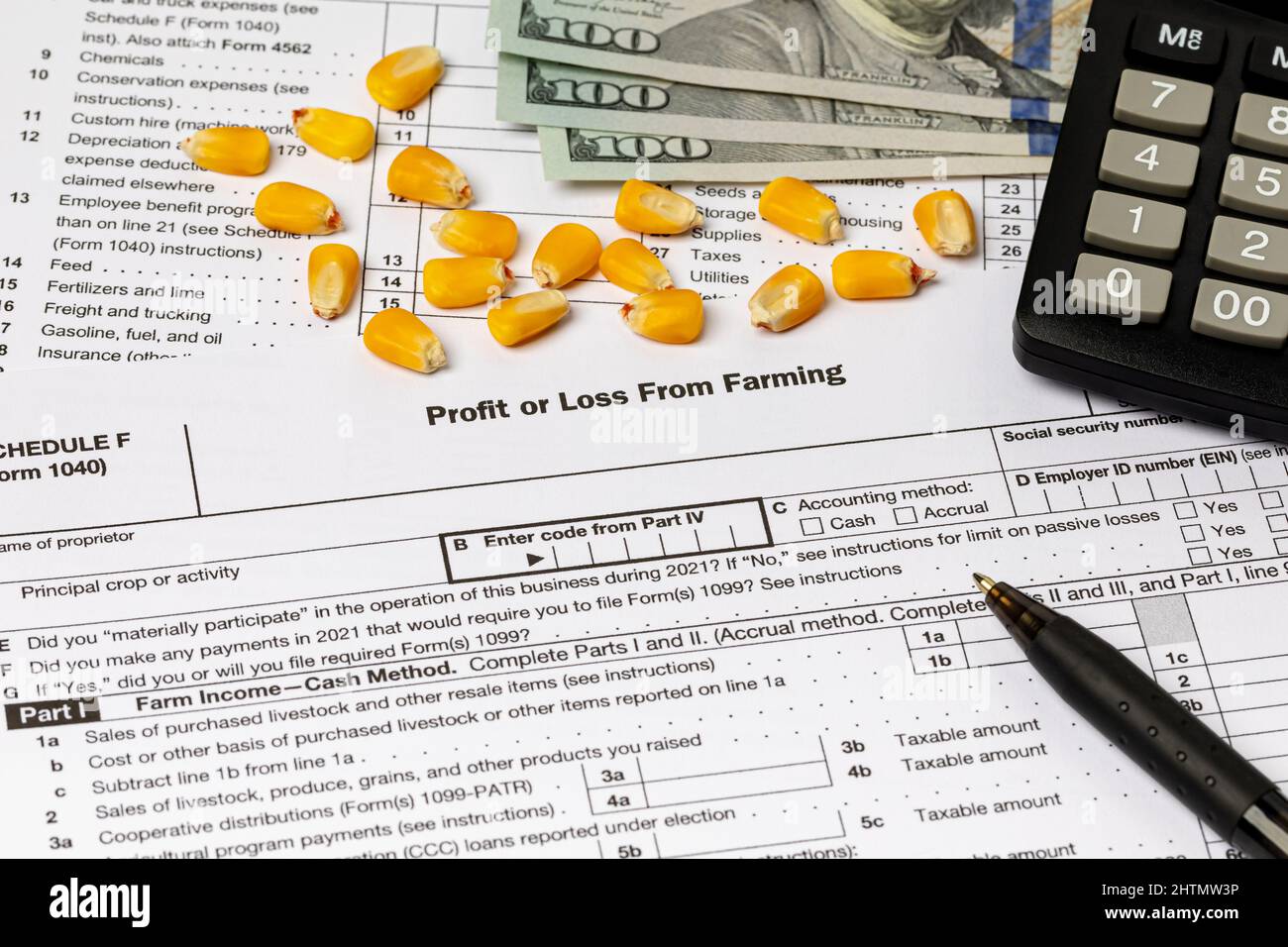 Corn kernels and farm tax form. Farming income, finances and management ...