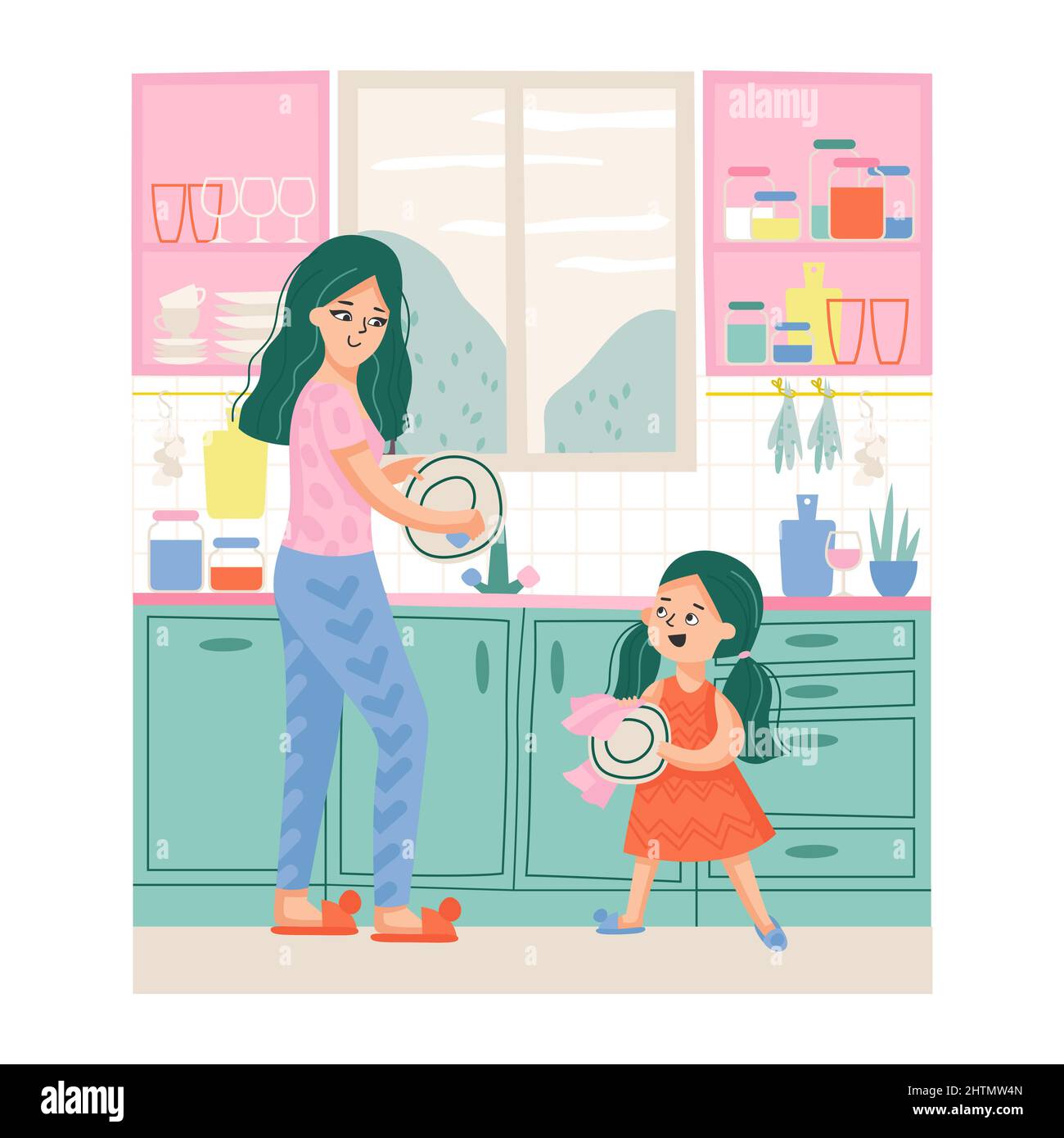 Mother And Daughter Washing Dishes Composition With Home Scenery And