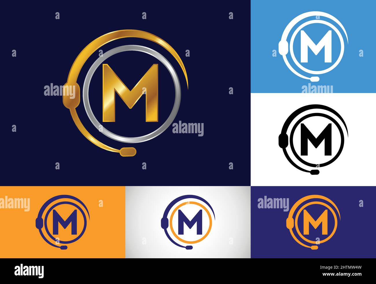 Initial M monogram letter alphabet and support service with headphones ...