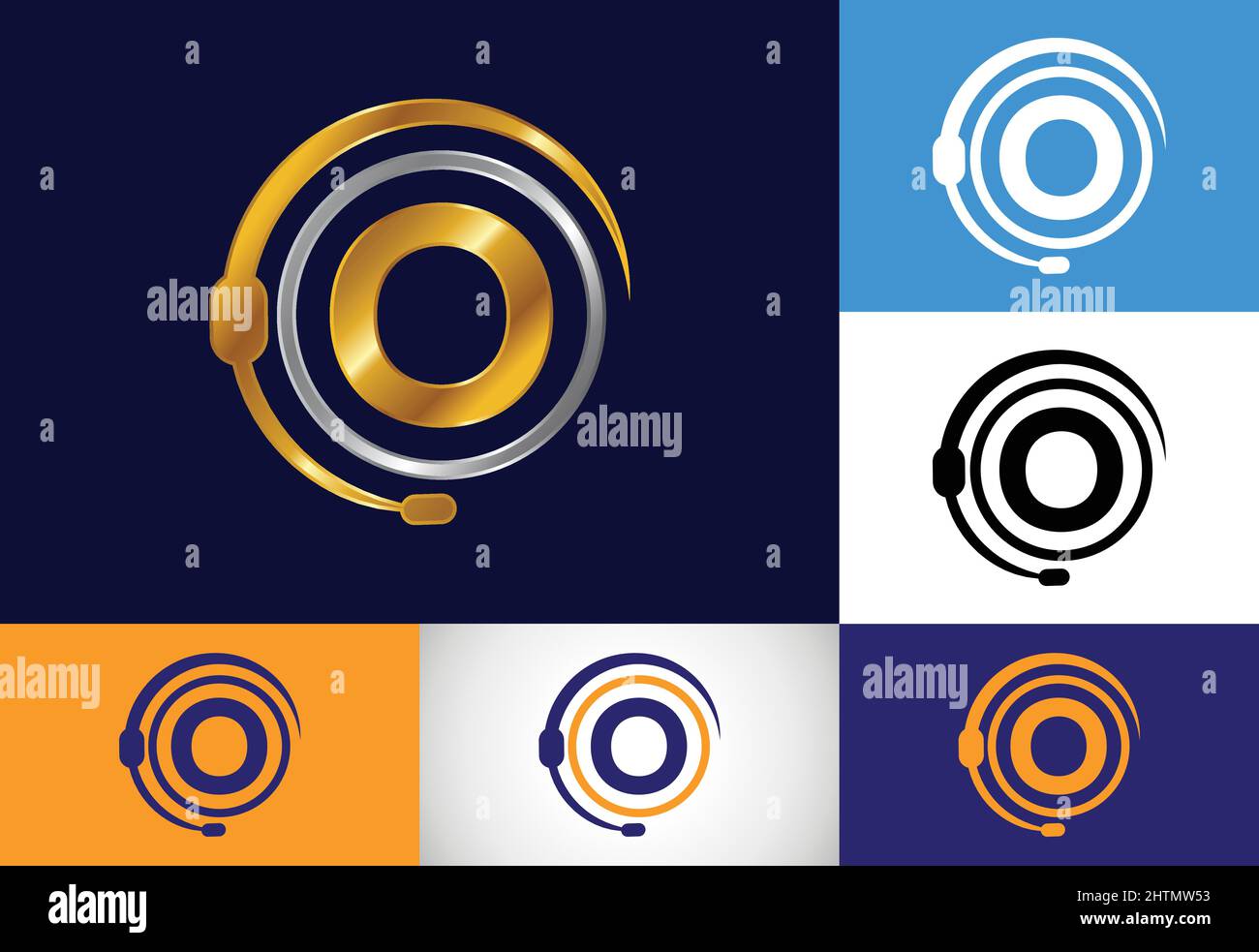 Initial O monogram letter alphabet and support service with headphones ...