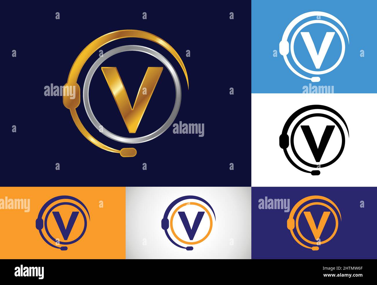 Initial V monogram letter alphabet and support service with headphones ...