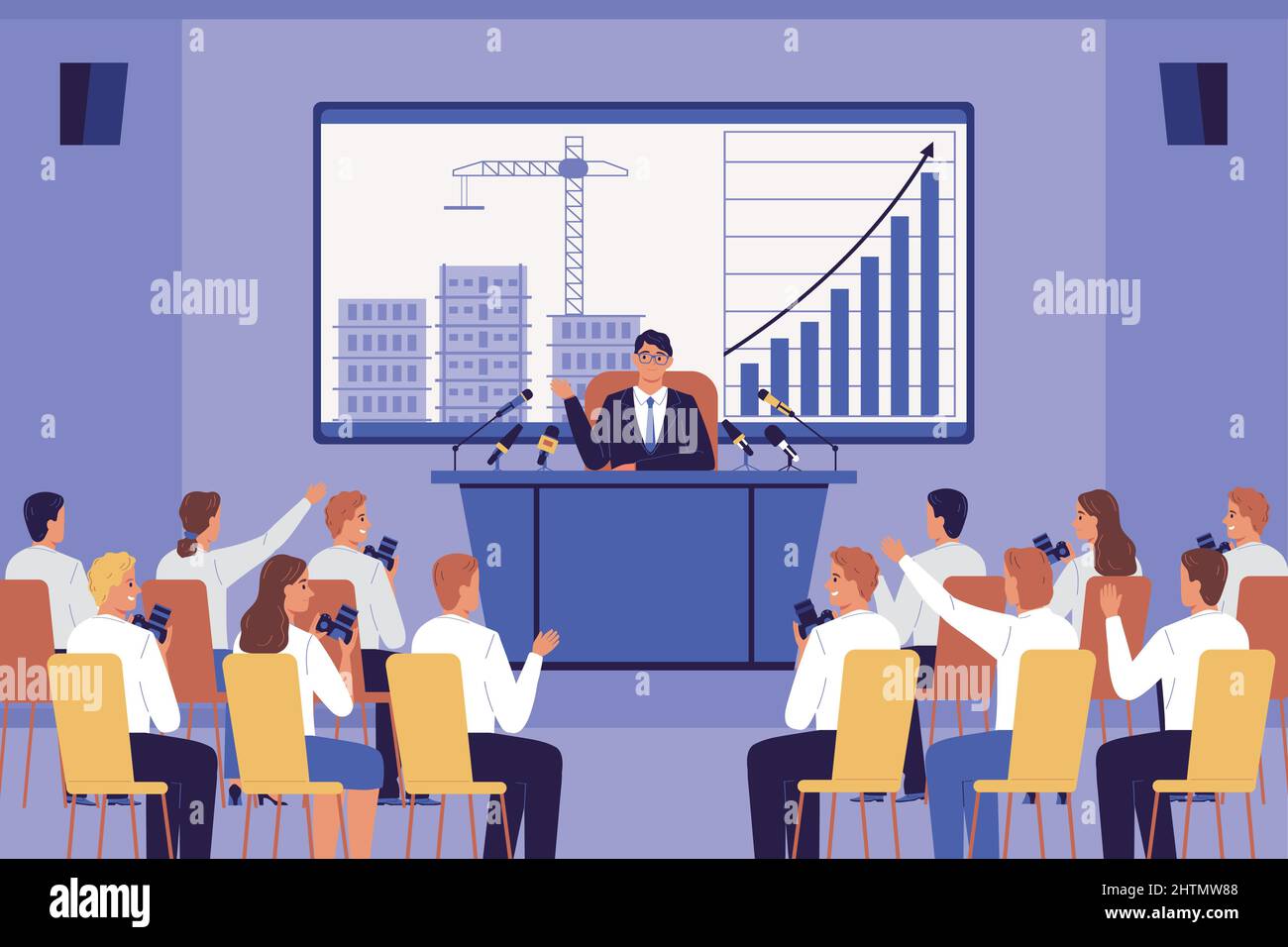 Speaker communicating with media workers at press conference flat ...