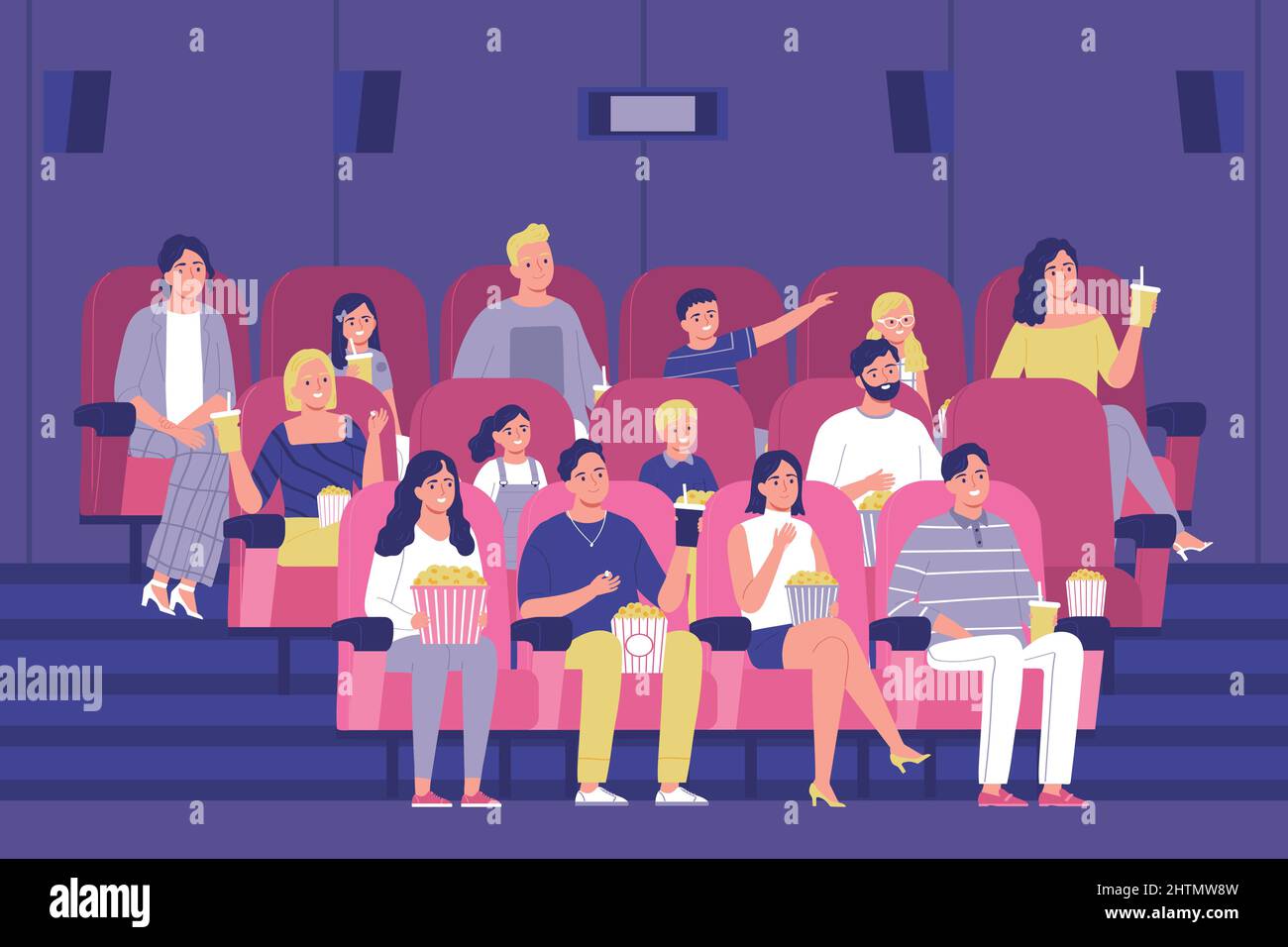 The audience sitting in a cinema hall and watching a movie flat vector ...