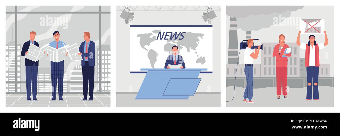 Media workers read newspapers and broadcast reports from the television ...