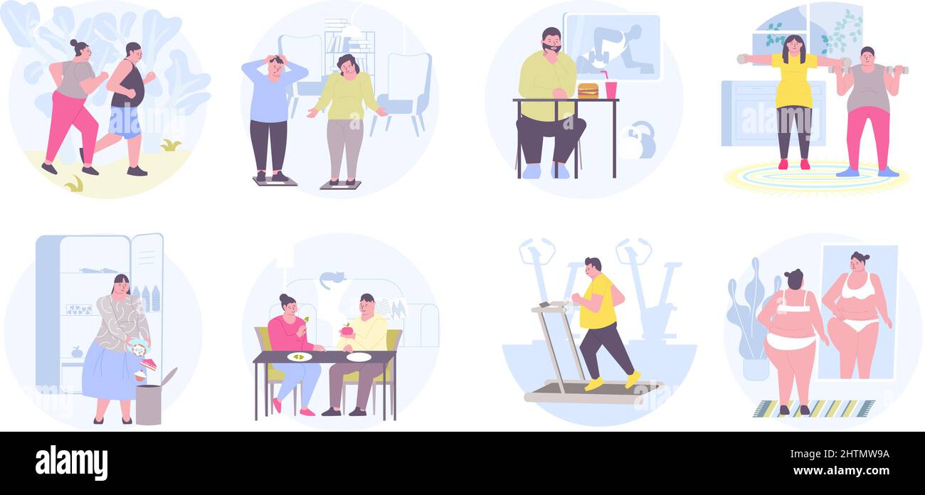 Set of eight obesity weight loss flat round compositions with people ...