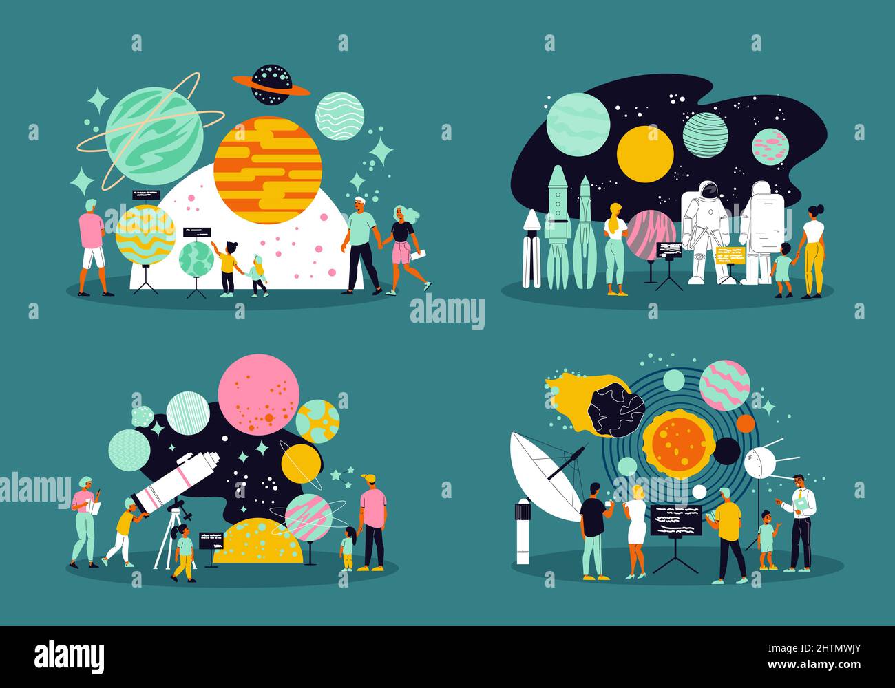 Planetarium 2x2 design concept set of people learning about space and ...