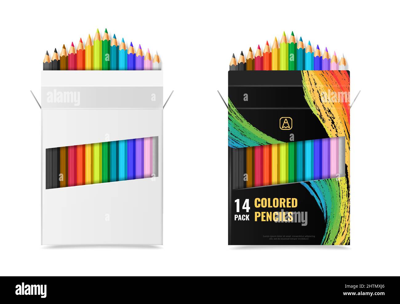 Realistic multi colored pencils in open blank and black with pattern ...