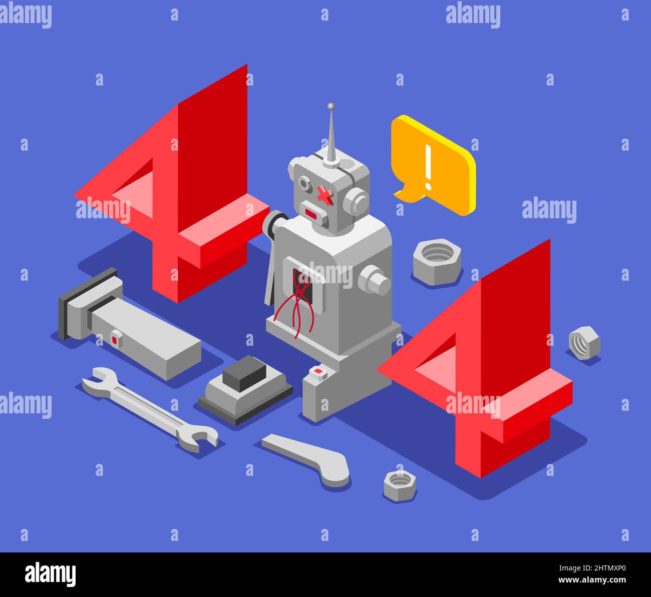 Error isometric colored background with a broken robot and repair tools ...