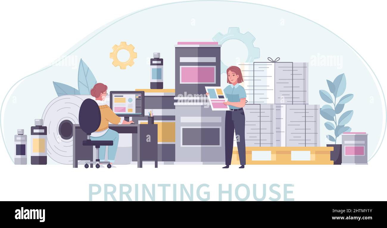 Printing house polygraphy colored and cartoon concept print office ...