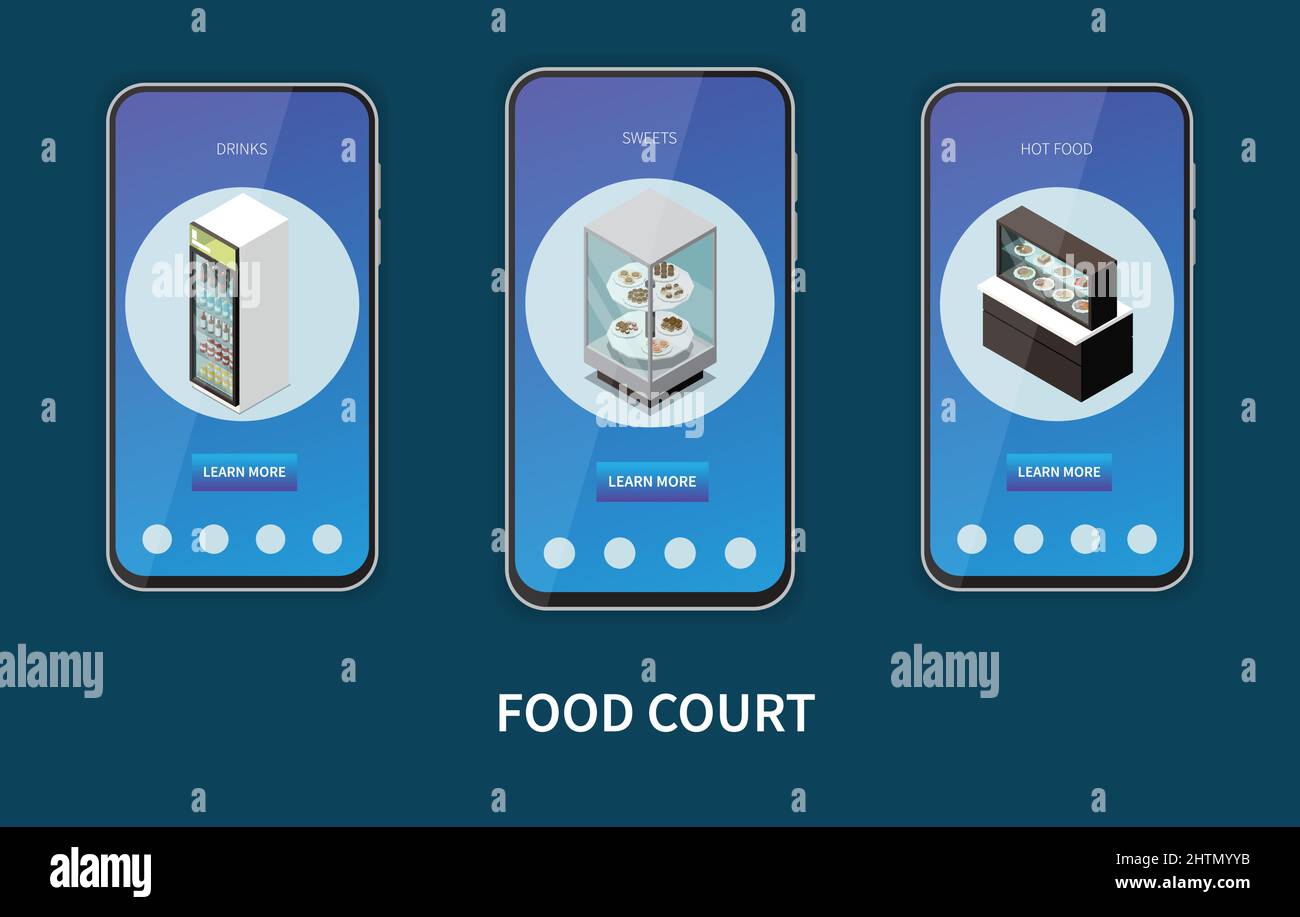 Food court elements 3 isometric smartphone screens with drinks ...