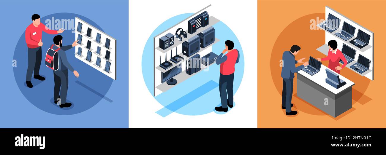 Isometric gadget shop design concept with square compositions of ...