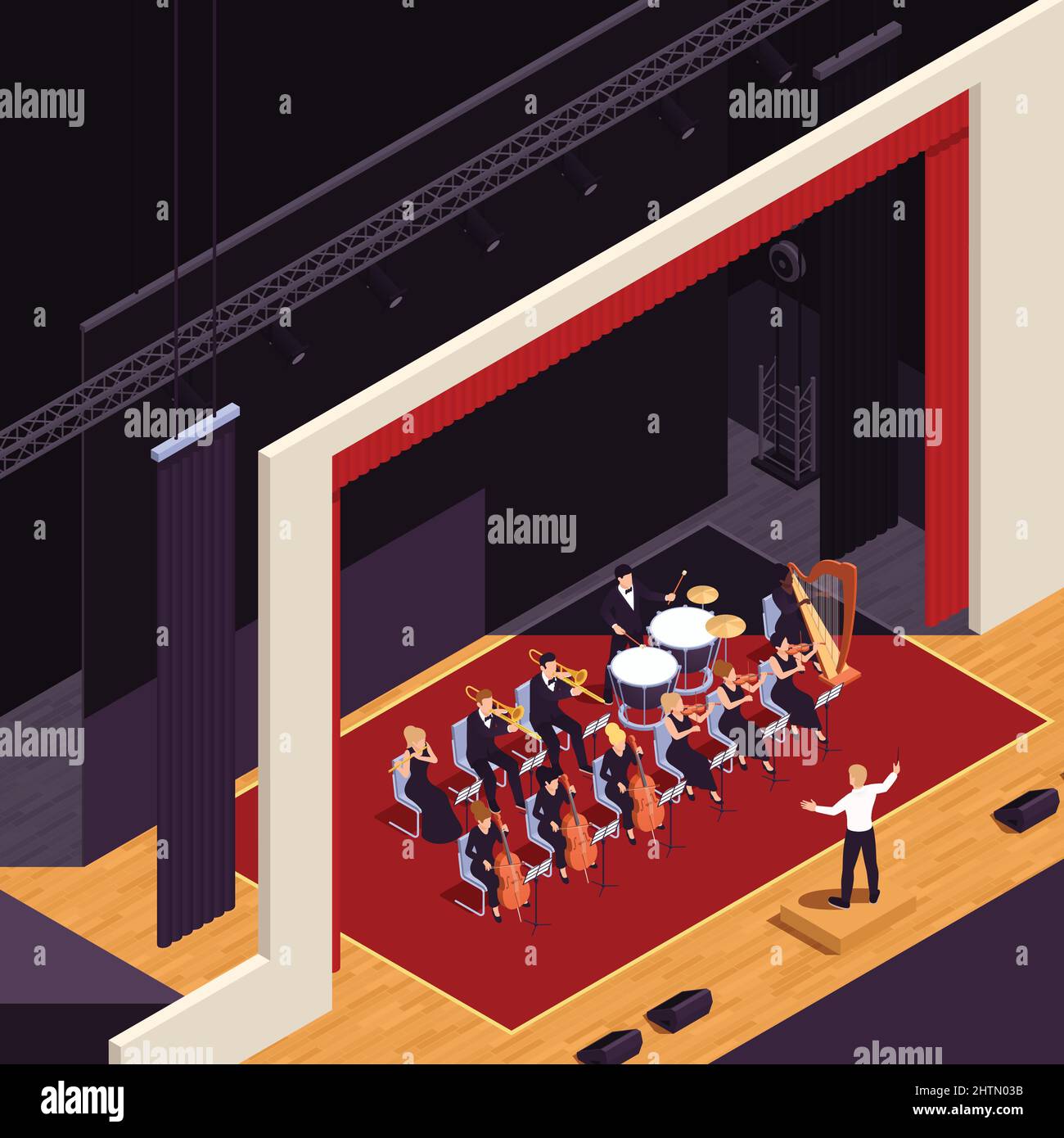 Grand theatre performance isometric background with orchestra symbols ...