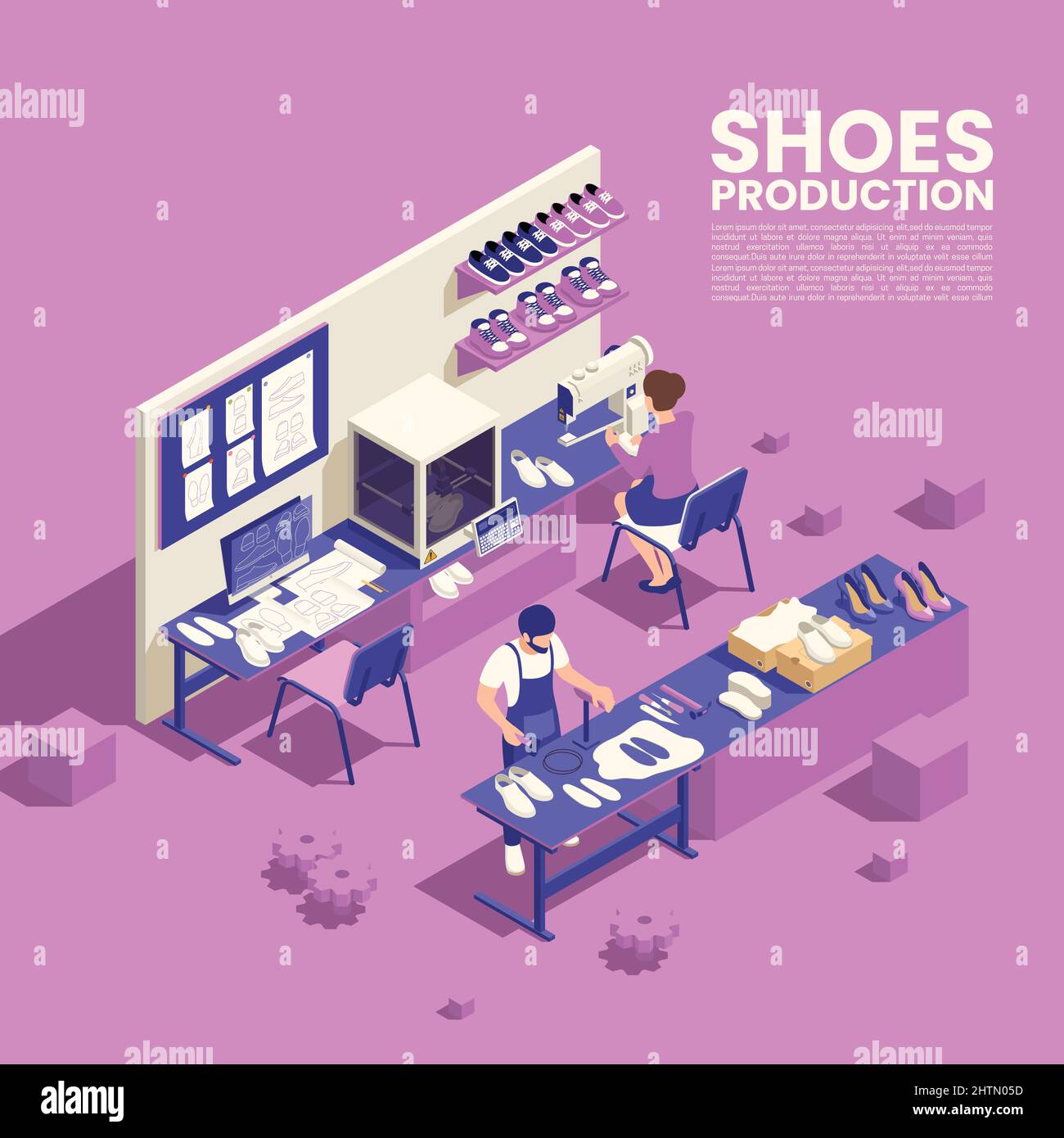 Shoes production poster with footwear quality symbols isometric vector ...