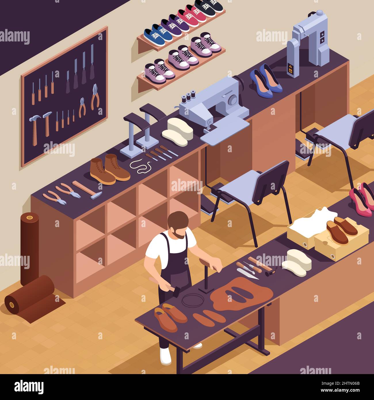 Shoes and footwear production background with shoemaker workplace ...