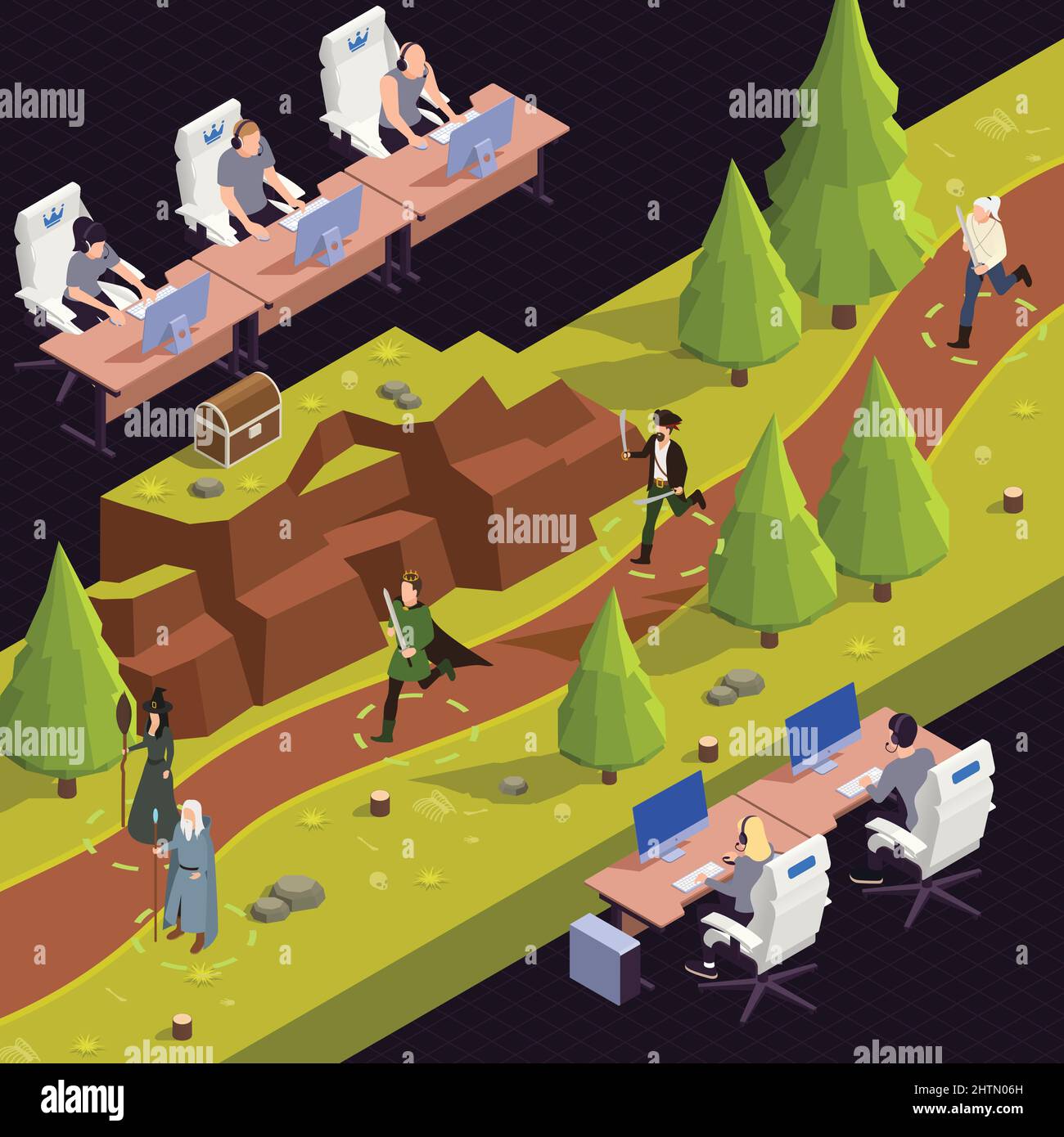 Cyber game isometric background with online strategy symbols vector ...