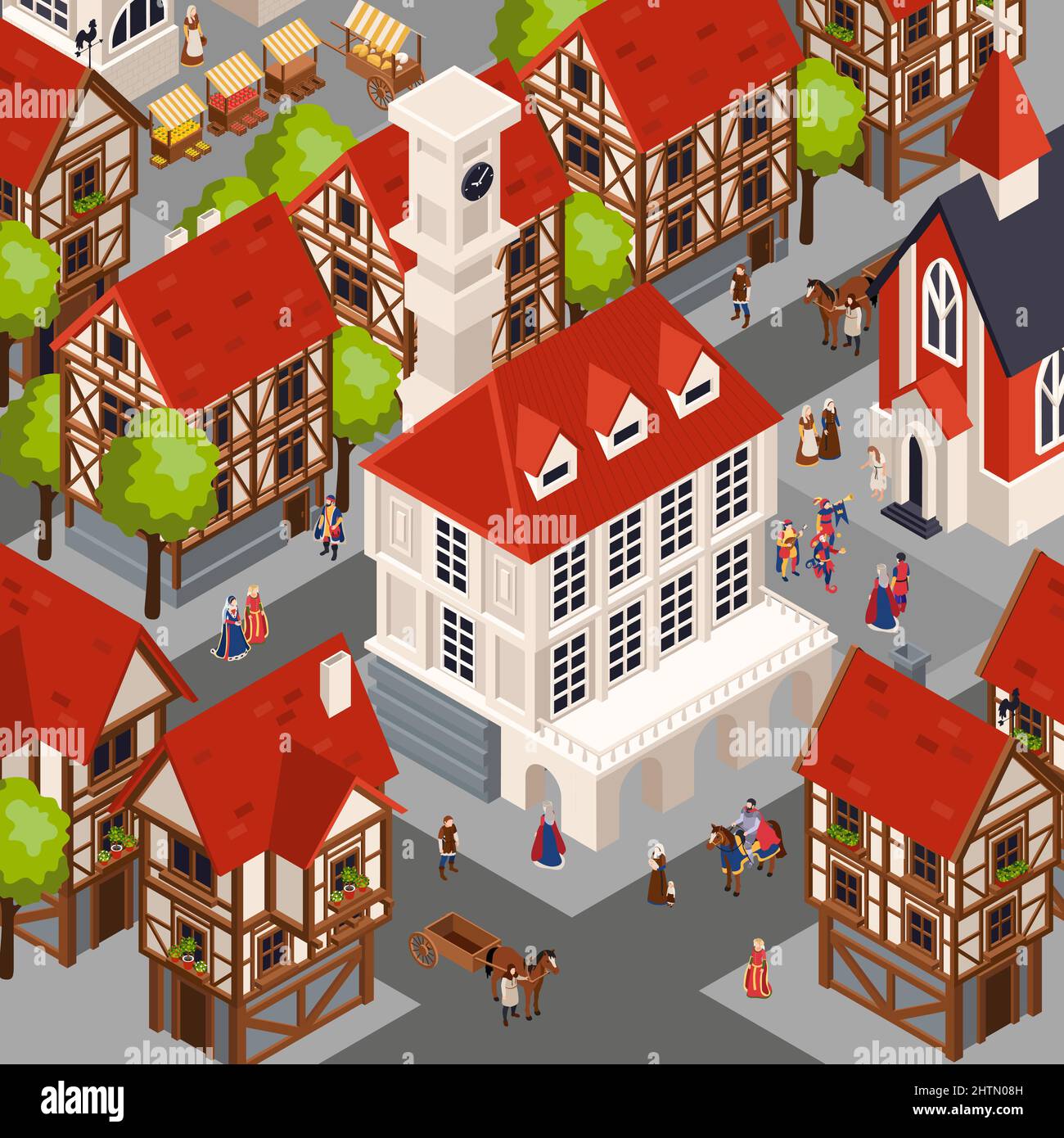 Medieval architecture isometric background with traditional cozy town ...