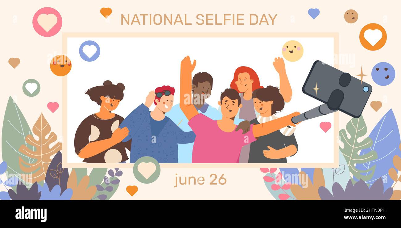 National selfie day card featuring happy people with selfie stick flat ...
