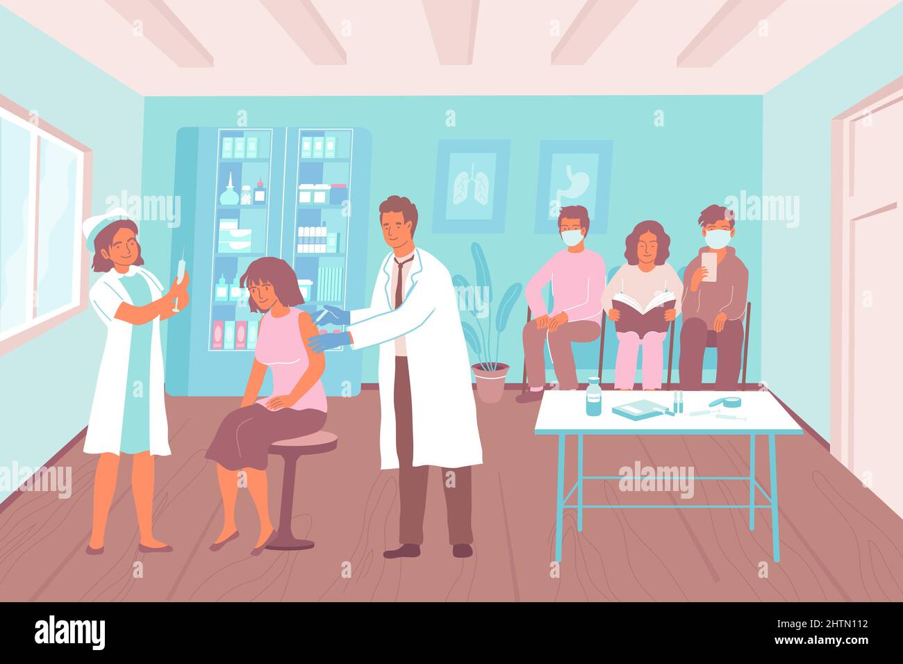 Doctors giving injections men and women waiting for their turn during ...