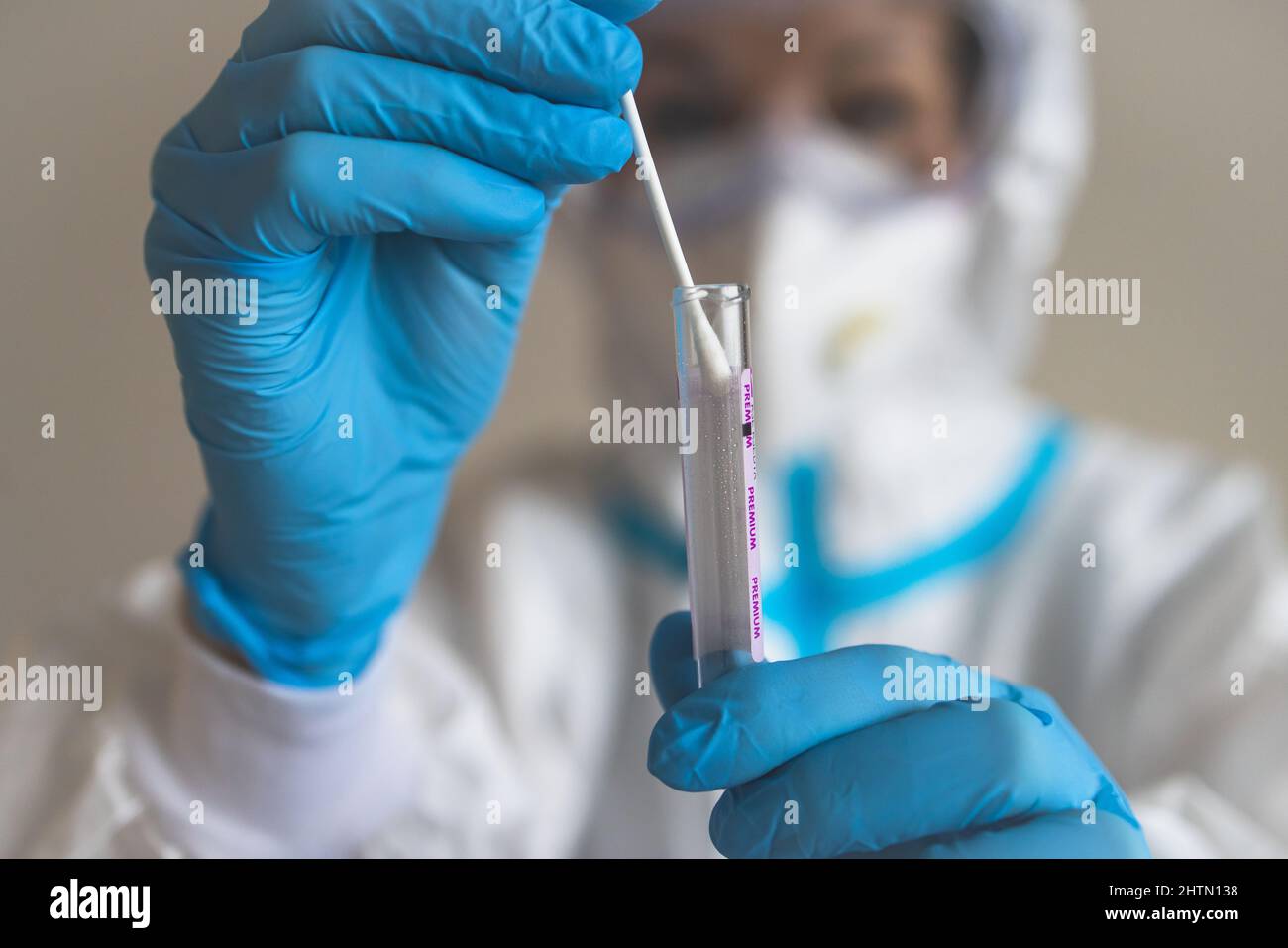 Process of coronavirus PCR antigen testing examination by nurse medic ...
