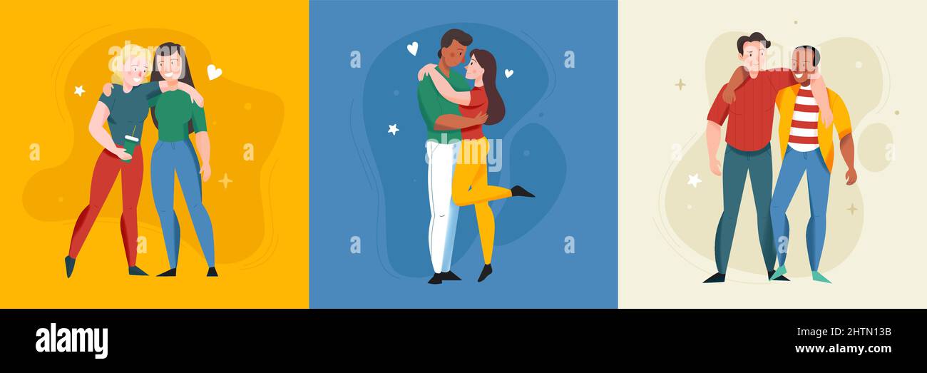 Lonely and together square set with romance symbols flat isolated ...