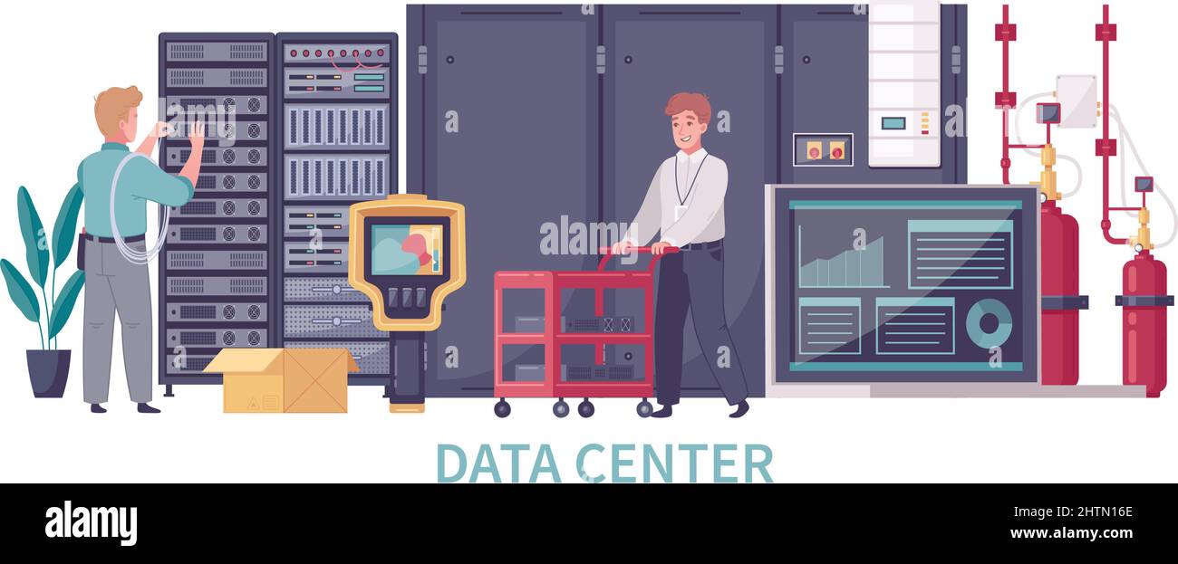 Datacenter cartoon composition with text and view of servers computers ...