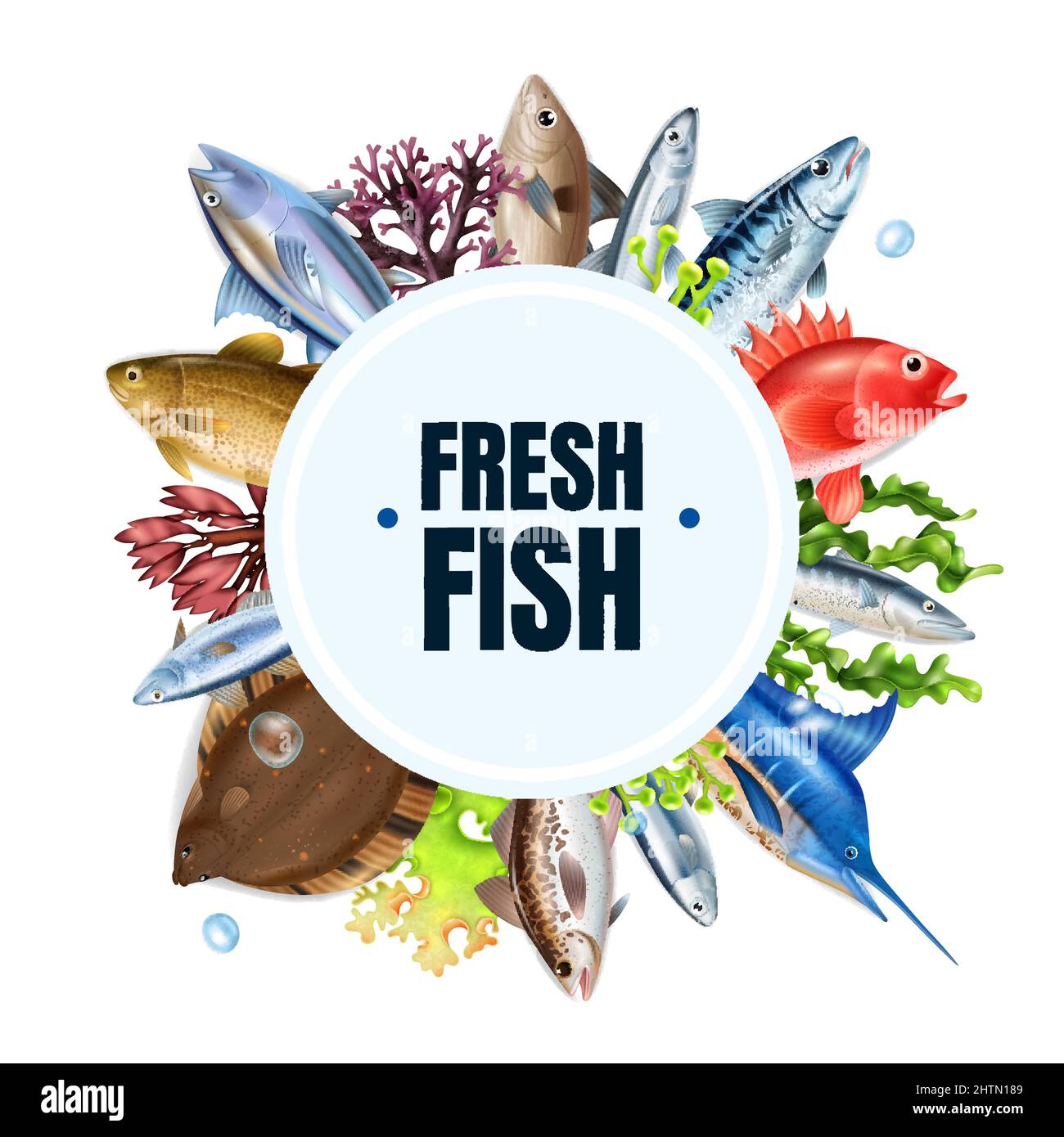 Sea fish realistic round composition with different types symbols ...