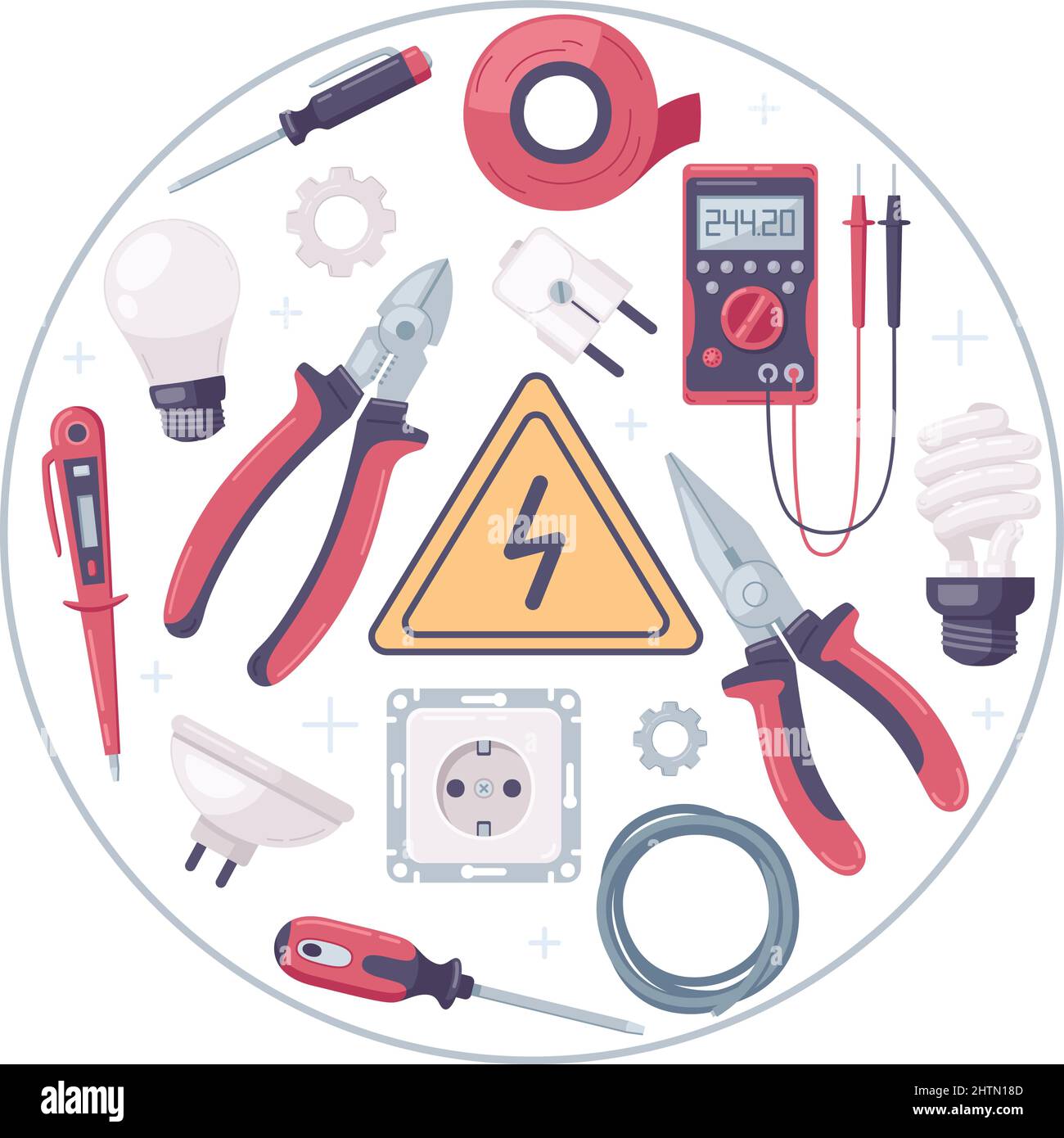 Electrician cartoon round composition with isolated images of manual ...