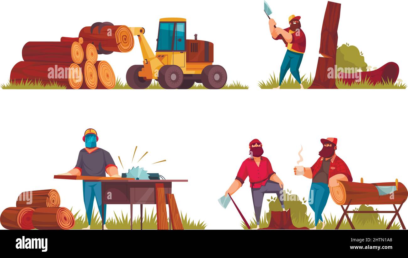 Lumberjack concept 4 cartoon compositions loggers felling tree with ...