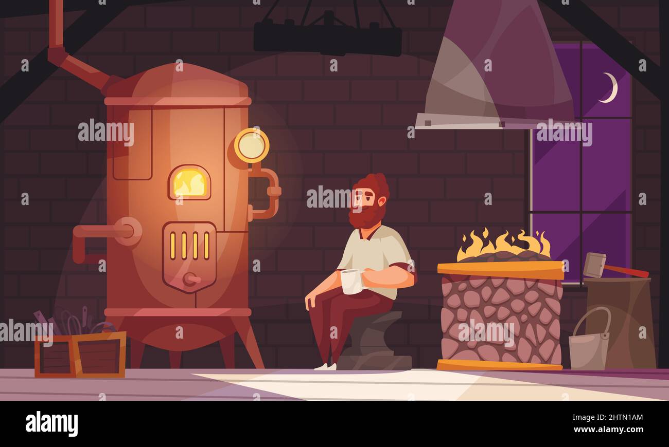 Late night forging cartoon composition with blacksmith in traditional ...
