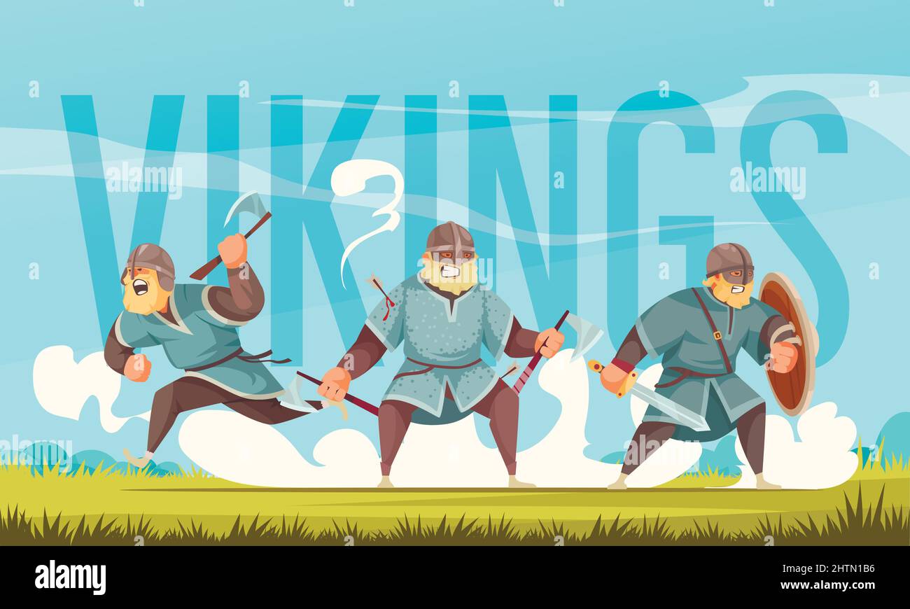 Three vikings armed with wooden shield battle axes and sword cartoon ...