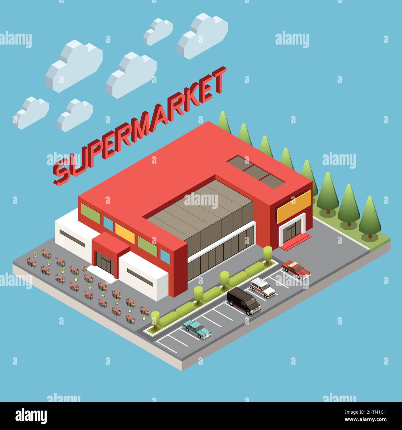Supermarket isometric concept with retail shopping and mall symbols ...