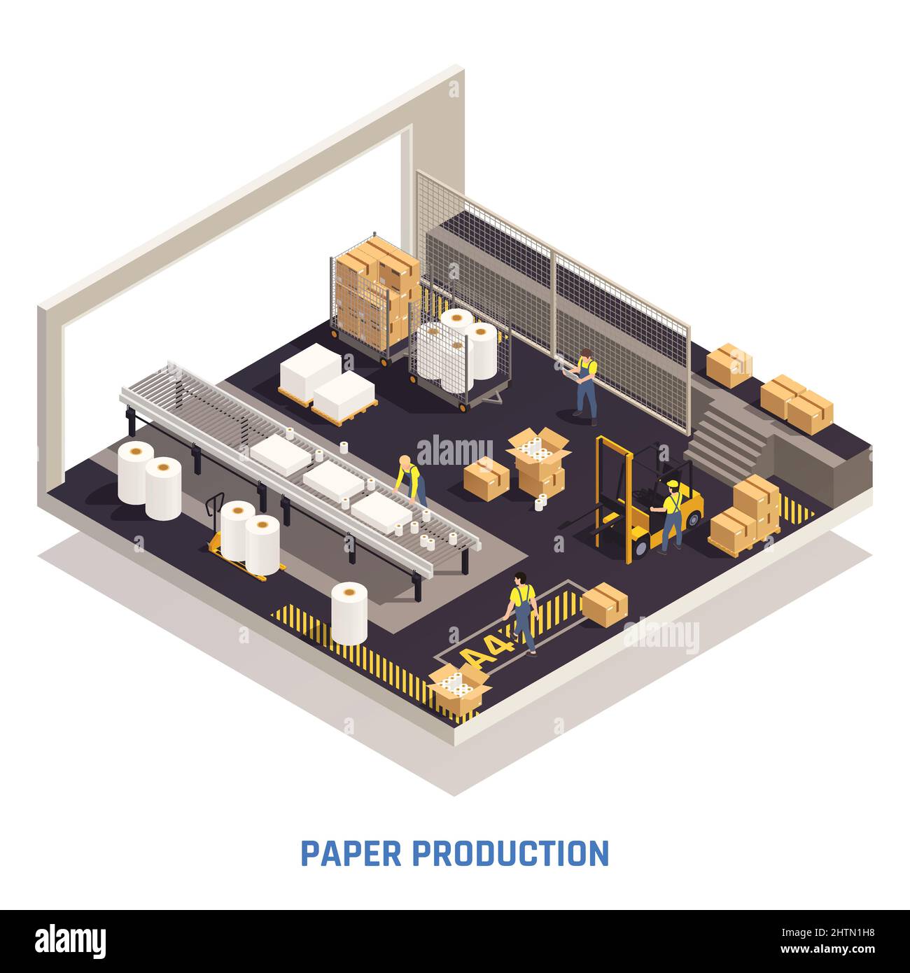 Paper production isometric isolated concept with wood paper production ...