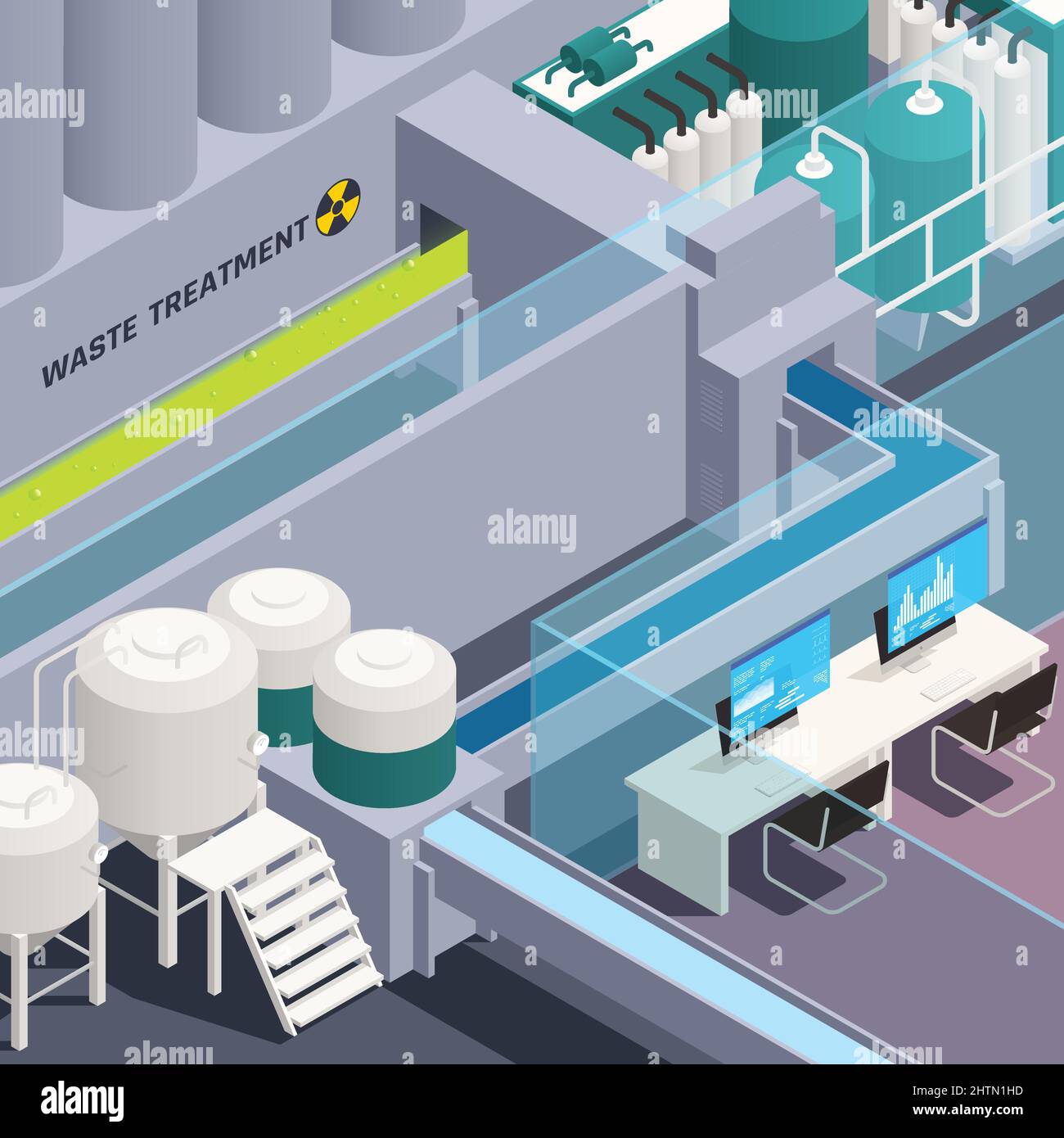 Toxic waste nuclear chemical pollution biohazard isometric colored ...